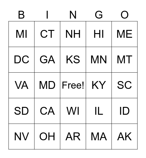 State Bingo Card