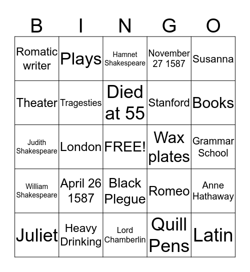 Shakespeare Bingo Card