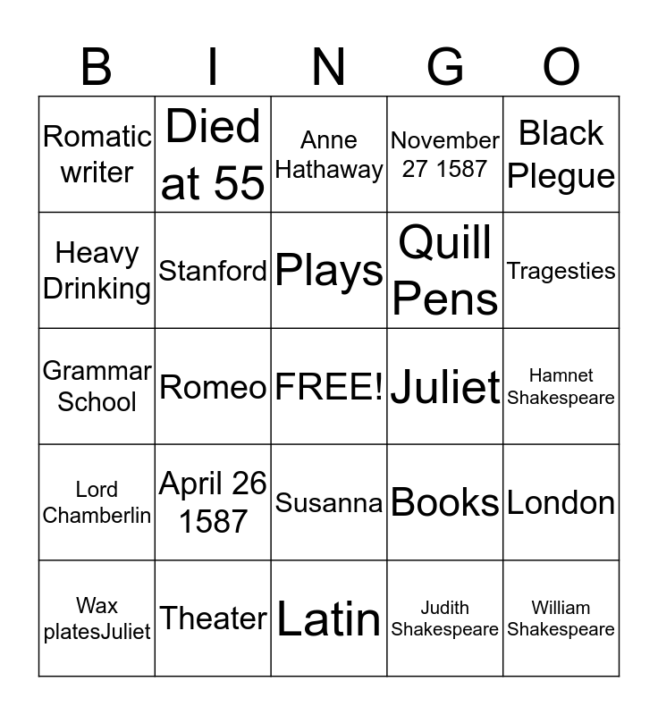 Shakespeare Bingo Card