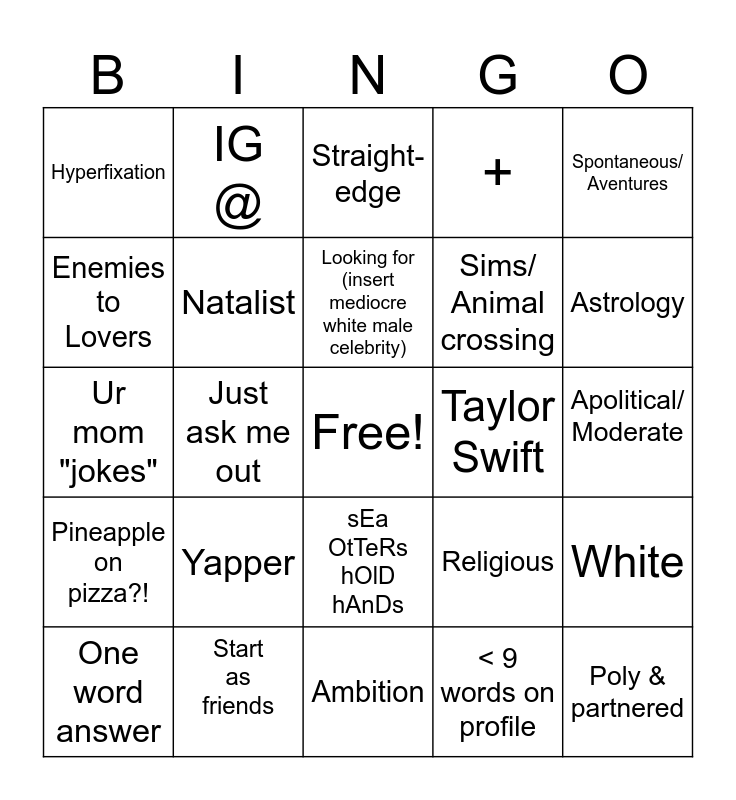 Dating App edition Bingo Card