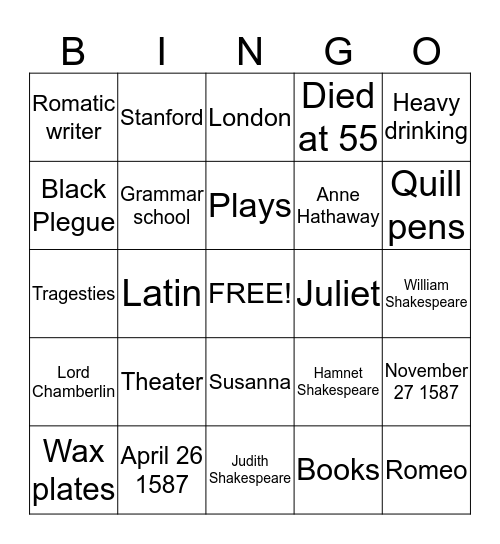Shakespeare Bingo Card