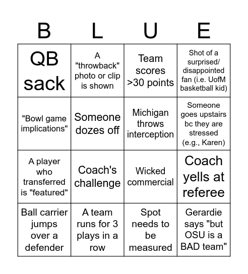 U of M vs. OSU Bingo Card