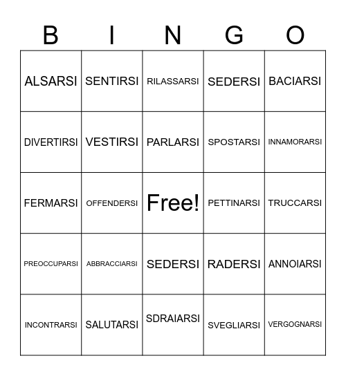 Italian Reflexive Verbs Bingo Card
