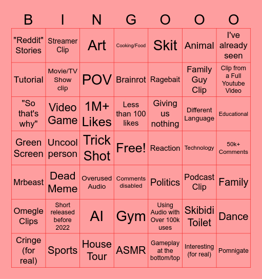 The Ultimate Youtube Shorts Bingo (for now) Bingo Card