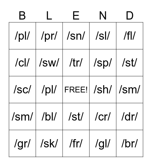 Consonant Blends Bingo Card