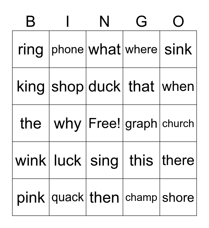 Digraphs Review Bingo Card