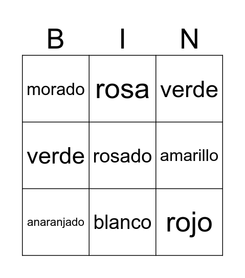 Colors in Spanish! Bingo Card