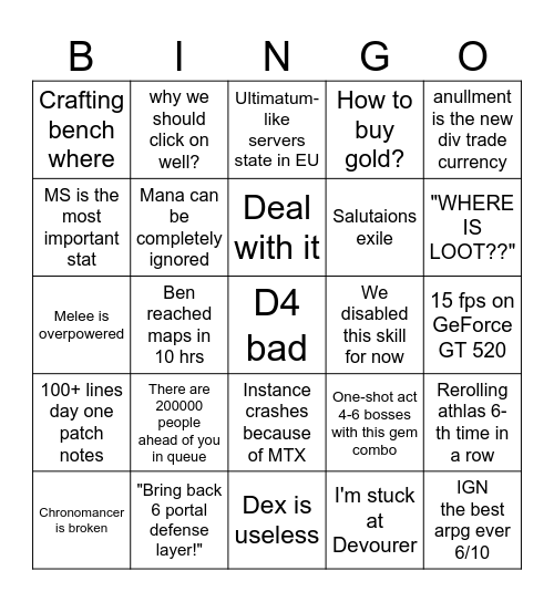 Poe 2 launch bingo Card