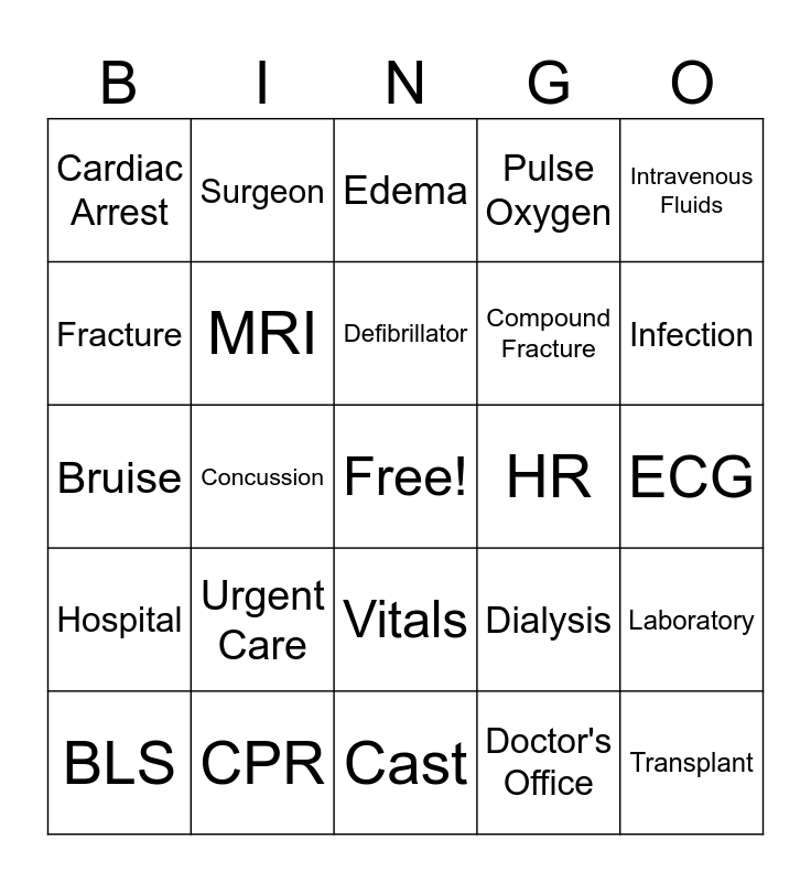 Emergency Room Bingo Card