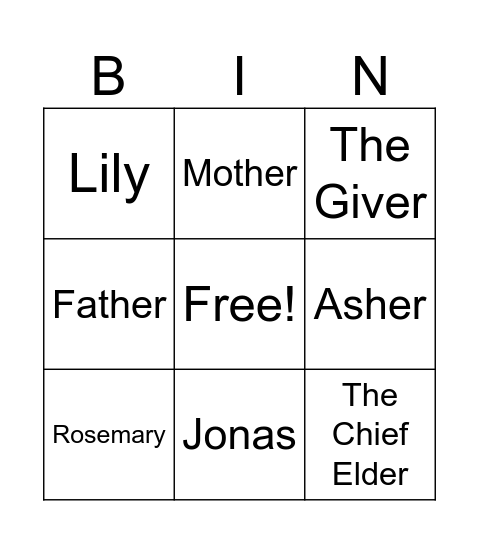The Giver Bingo Card