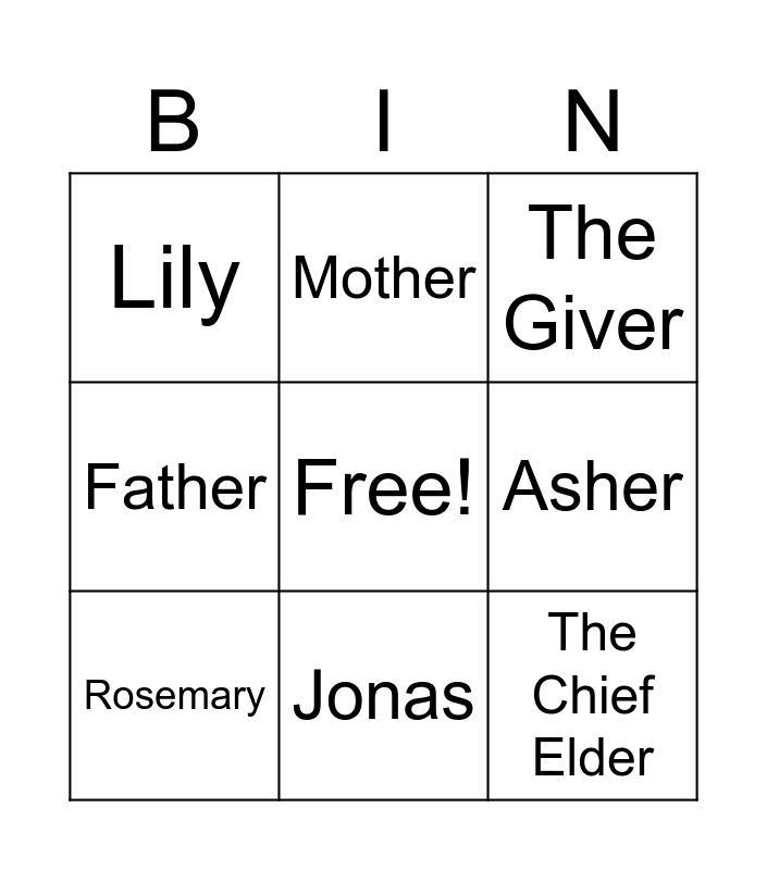 The Giver Bingo Card
