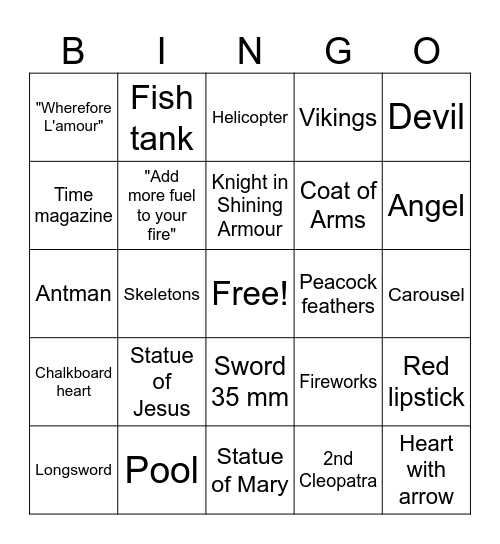 Romeo and Juliet Movie Bingo Card