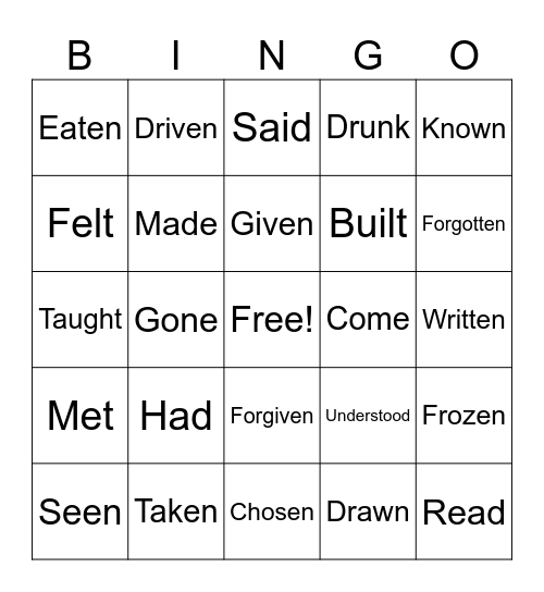 Past Participle Bingo Card Past Participle Bingo Card