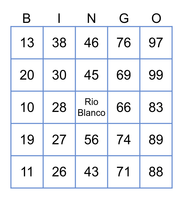 Bingo Bailable - Rio Blanco Bingo Card