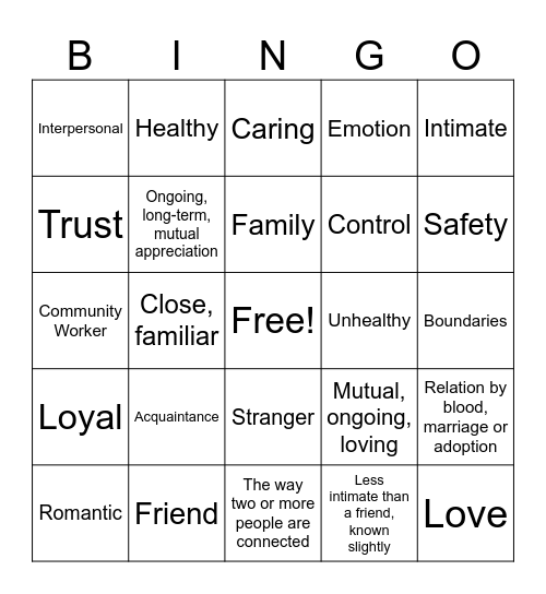 Relationship Bingo Card