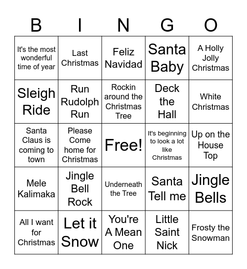 Holiday Music Bingo Card