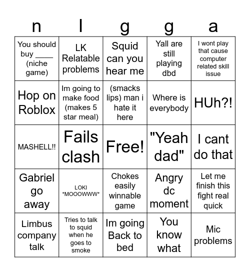 X Bingo card Bingo Card