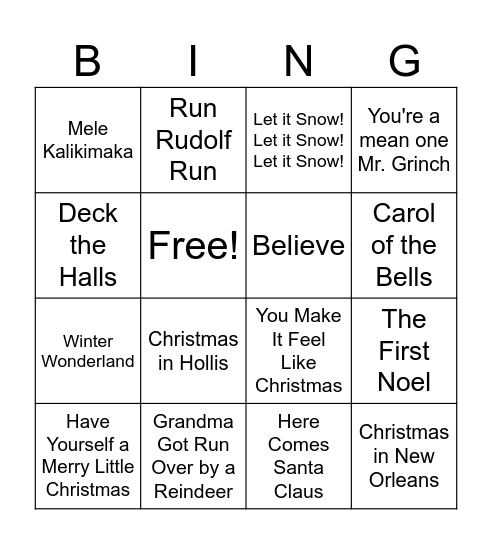 Christmas Playlist Bingo Card