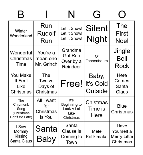 Christmas Playlist Bingo Card