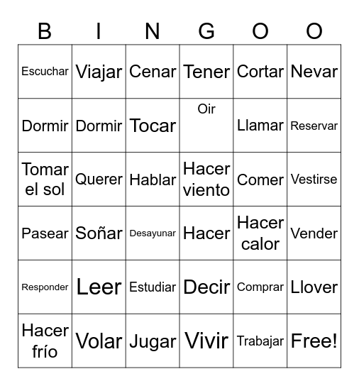 Basic Spanish Verbs 1 Bingo Card