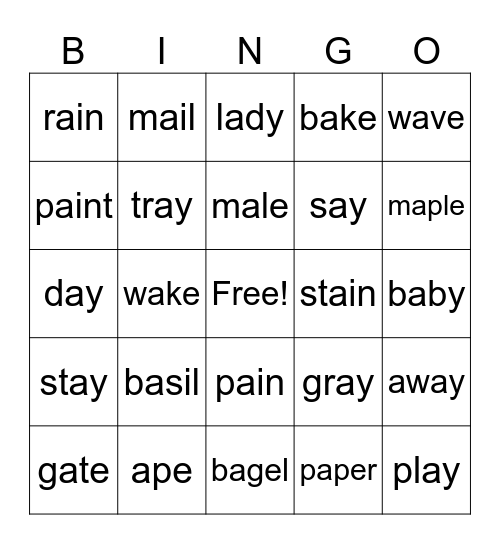 Long 'a' vowel Bingo Card