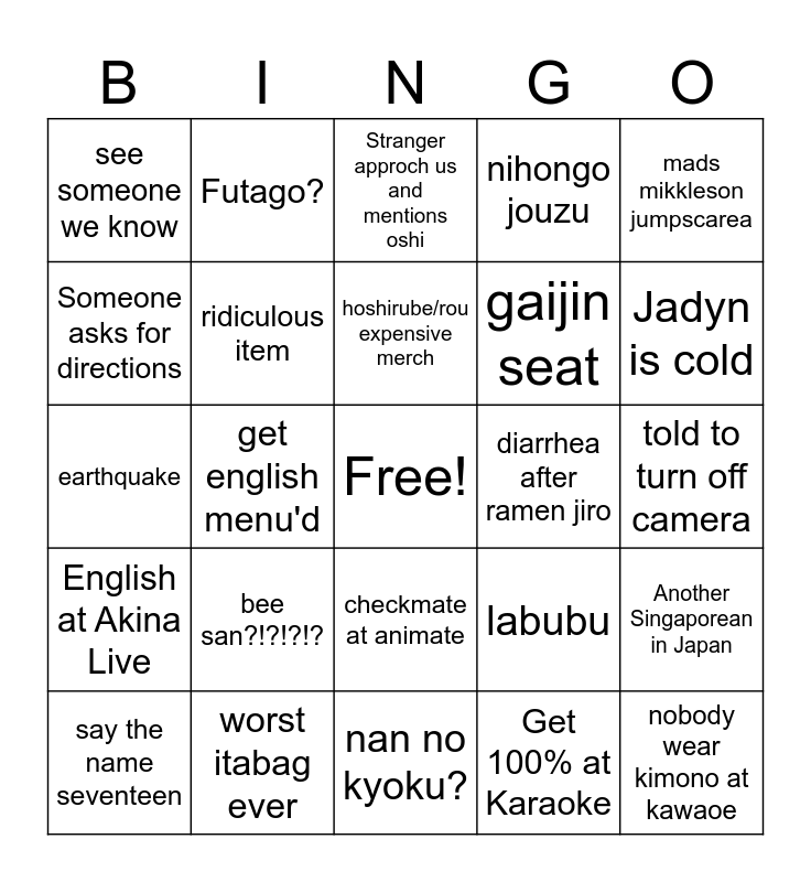 JJJ in Japan Bingo Card