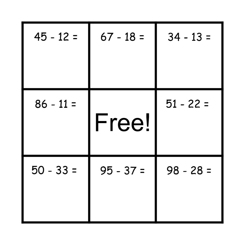 SUBTRACTION BINGO Card