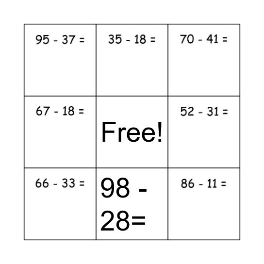 SUBTRACTION BINGO Card
