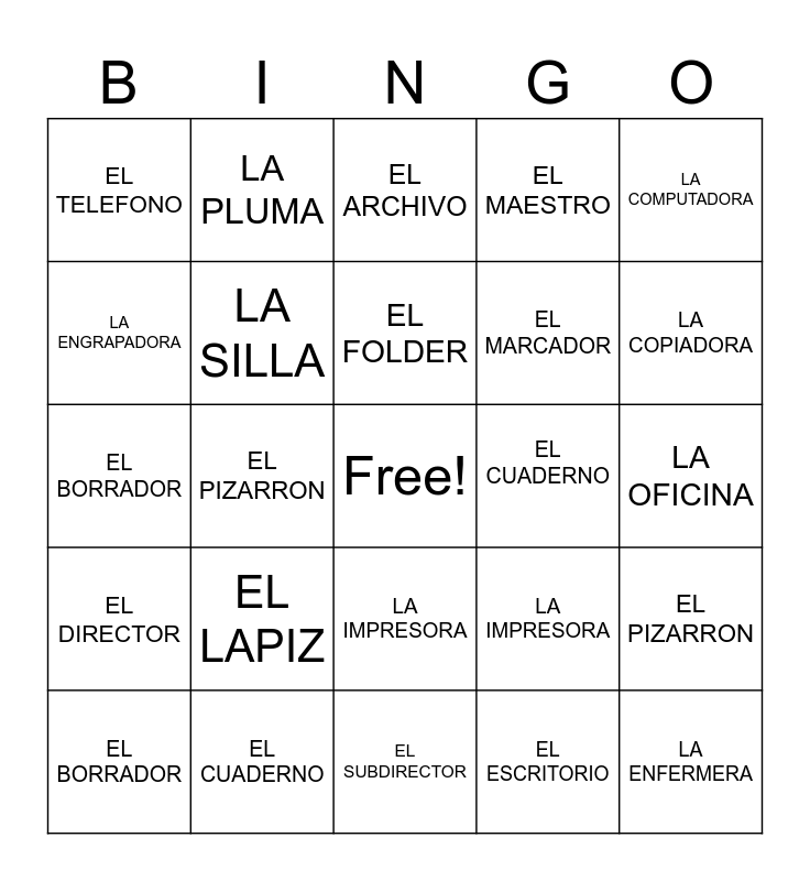 LA ESCUELA Bingo Card