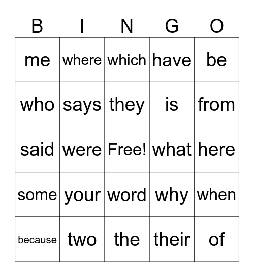 Tricky Words Bingo Card