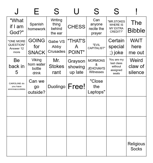 SWAG RELIGION BINGO FEATURING JESUS Bingo Card