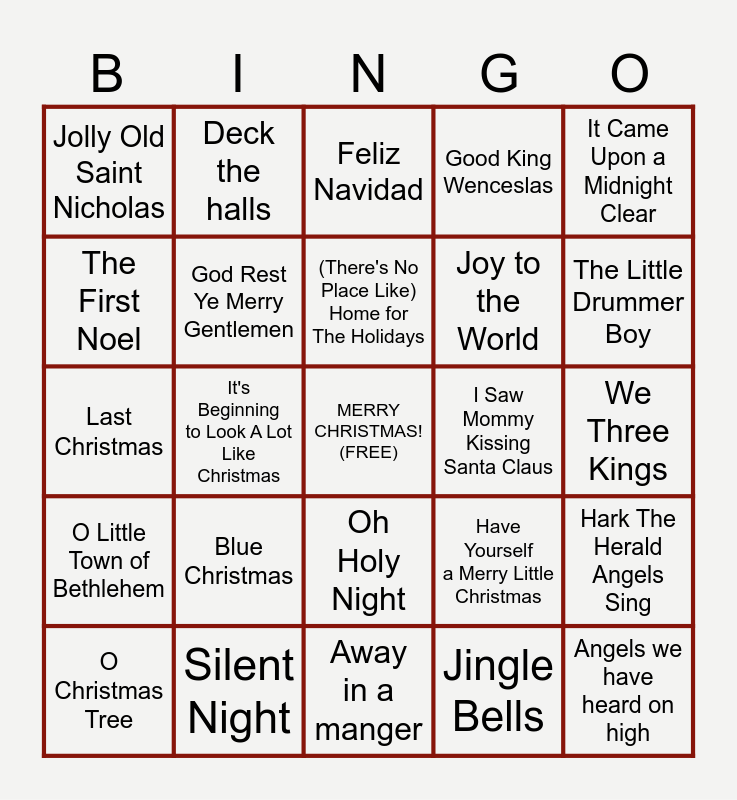 Christmas Music BINGO Card