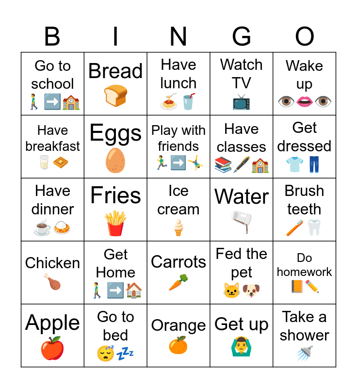 Daily Routine - Food Bingo🖐️🤩🎉 Bingo Card
