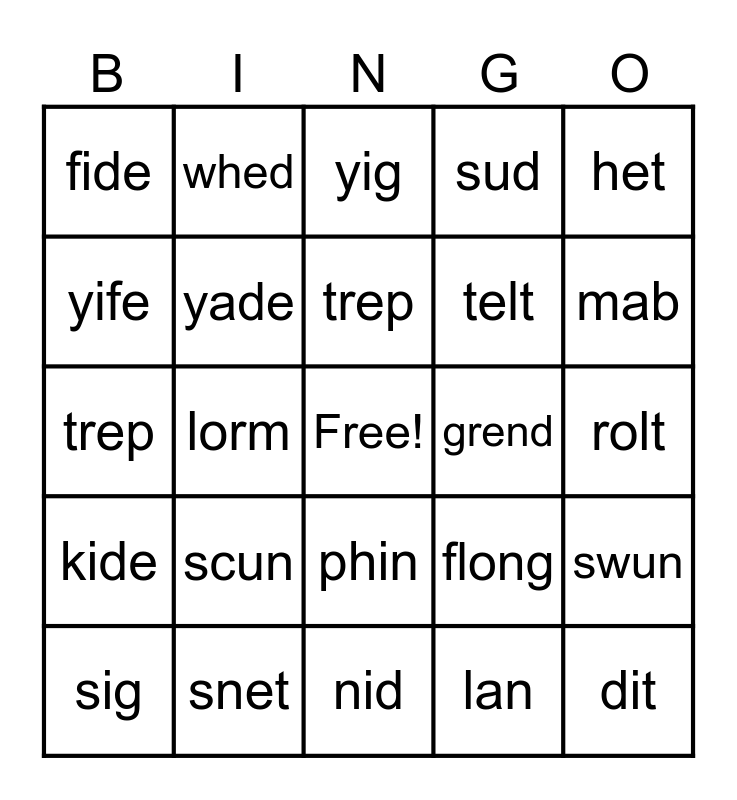 Nonsense Word Fluency Bingo Card