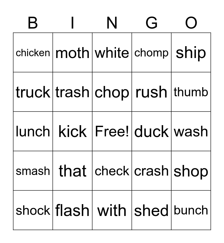 Digraph Bingo Card