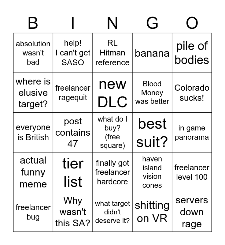 Hitman Reddit Bingo Card