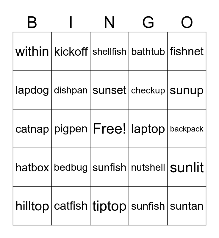 Compound Words Bingo Card