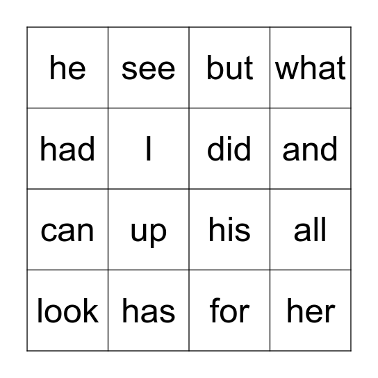 Sight Word Bingo Card