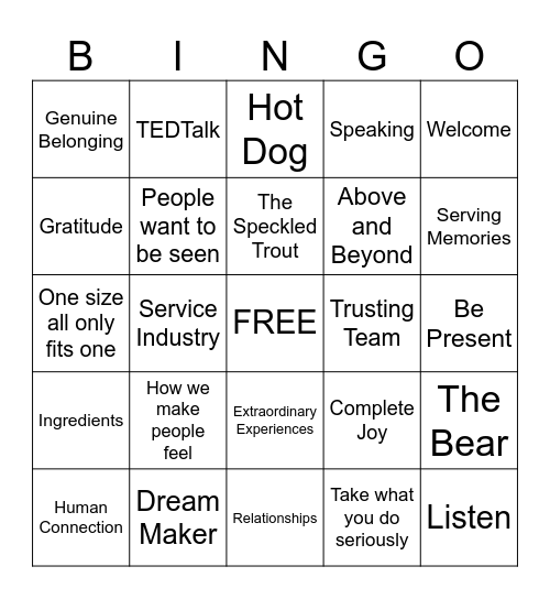 Unreasonable Hospitality Bingo Card