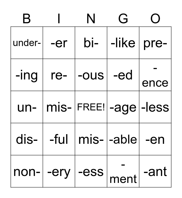 3rd and 4th Grade Prefixes and Suffixes Bingo Card