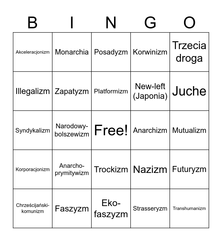 Wacky ideology bingo Card