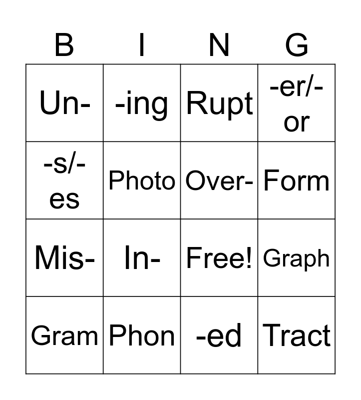 MORPHEMES Bingo Card