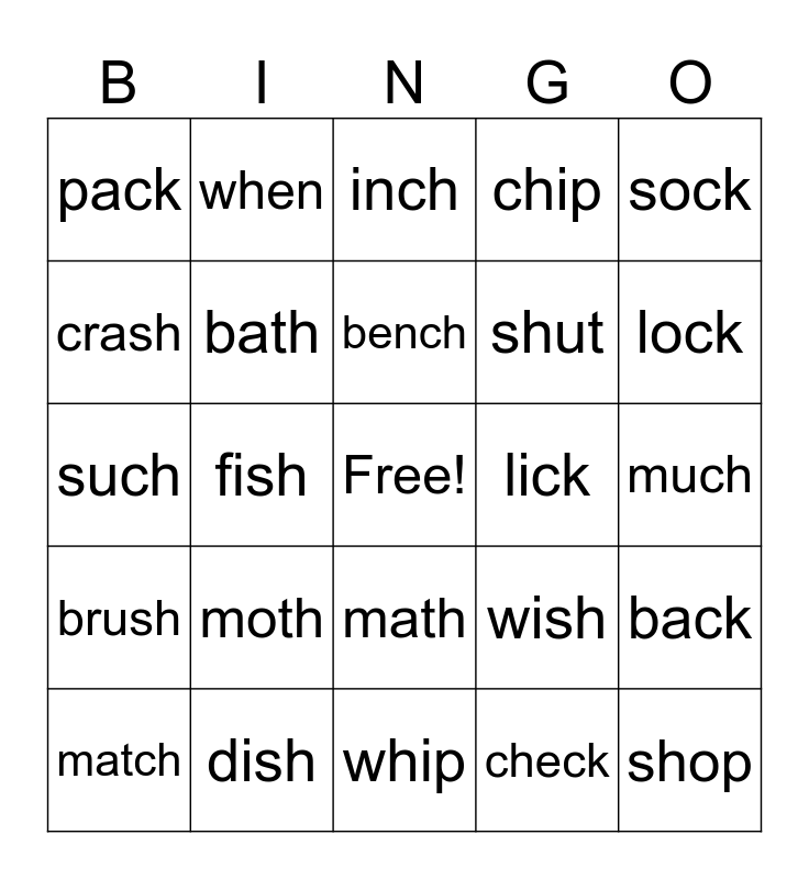 Digraph Bingo Card