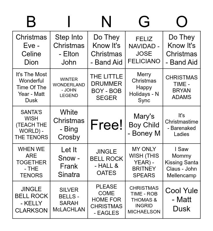 Christmas Music Bingo Card