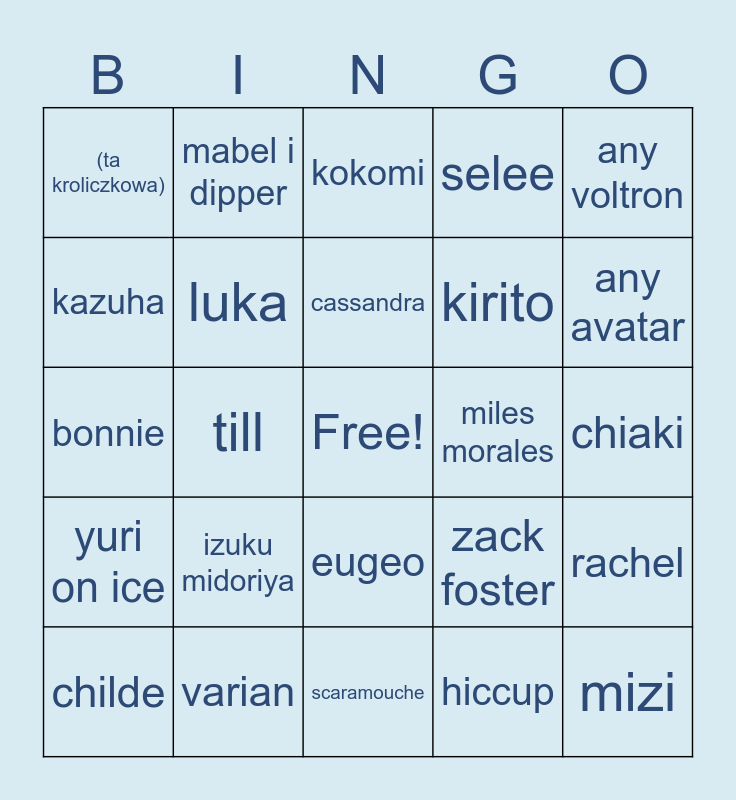 CHARACTERS Bingo Card