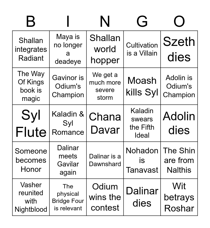 Wind and Truth Bingo Card