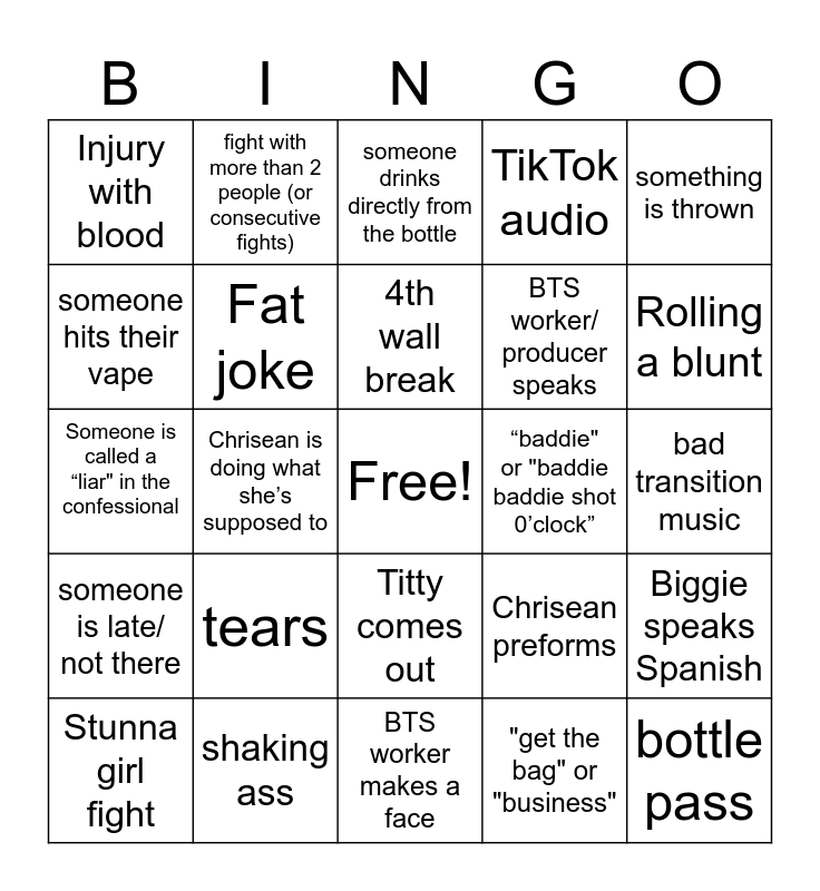 Baddies West Bingo Card