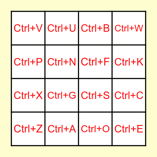 คีย์ลัด (Ctrl +) Bingo Card
