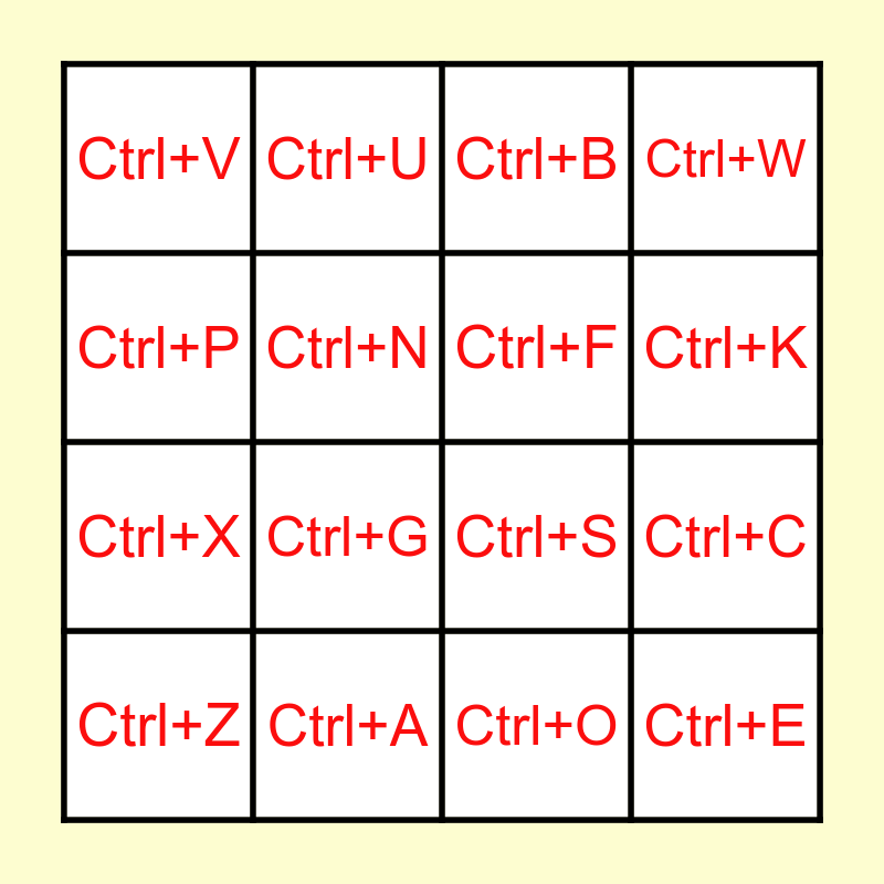 คีย์ลัด (Ctrl +) Bingo Card