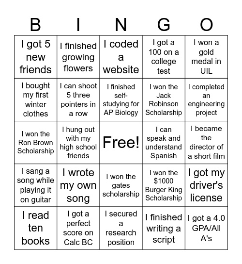 Life Goal Bingo Card